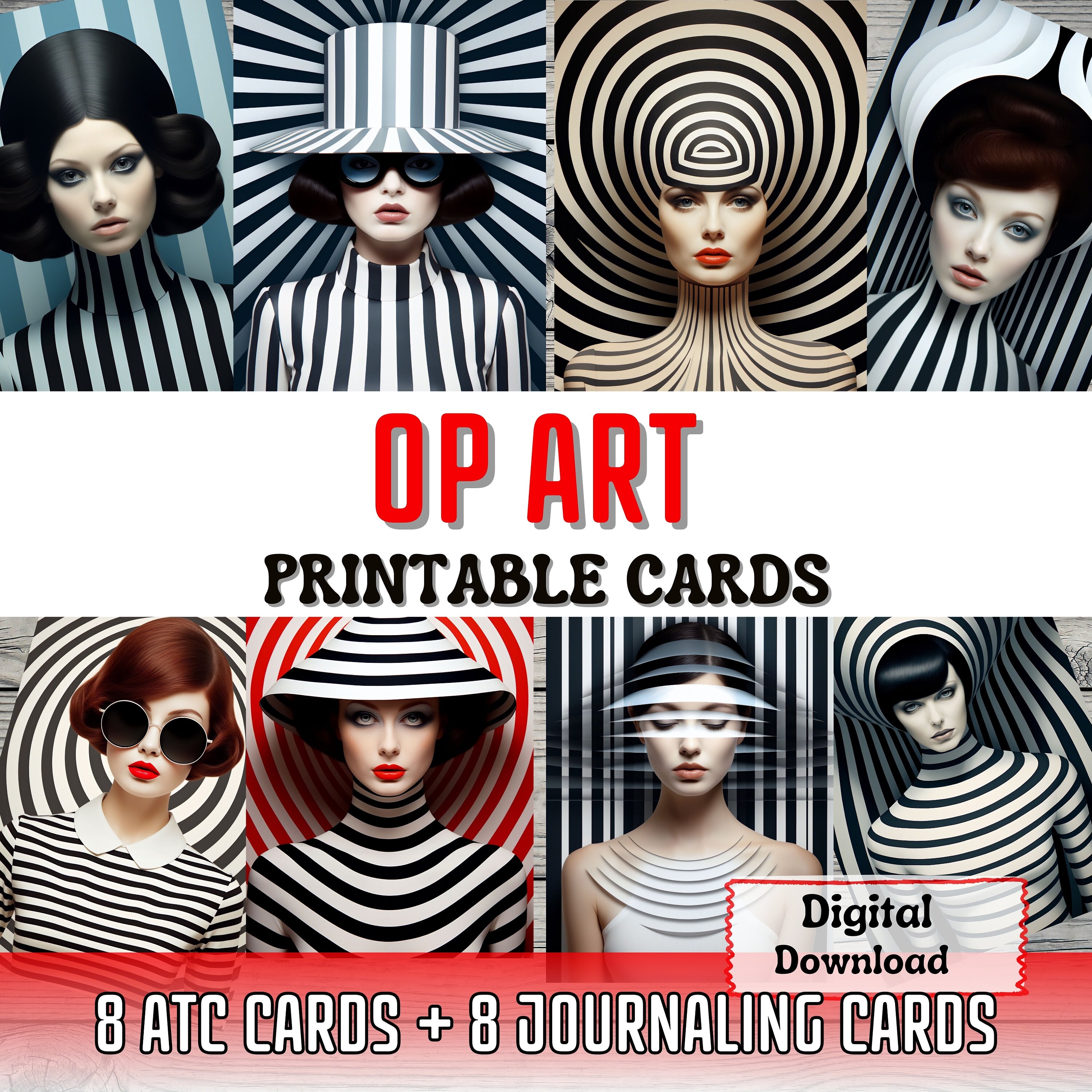 Op Art Printable Junk Journal Cards ATC Card Making Woman Portrait ...