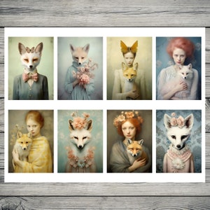 Fox Printable Junk Journal Cards ATC Card Making Surreal Art Fox Woman ...