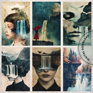 Waterfall Journal Half Papers Printable Pages Surreal Art Woman ...