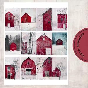 Winter Red House Red Barn Journal Half Papers Printable Page Winter Painting Ephemera ...