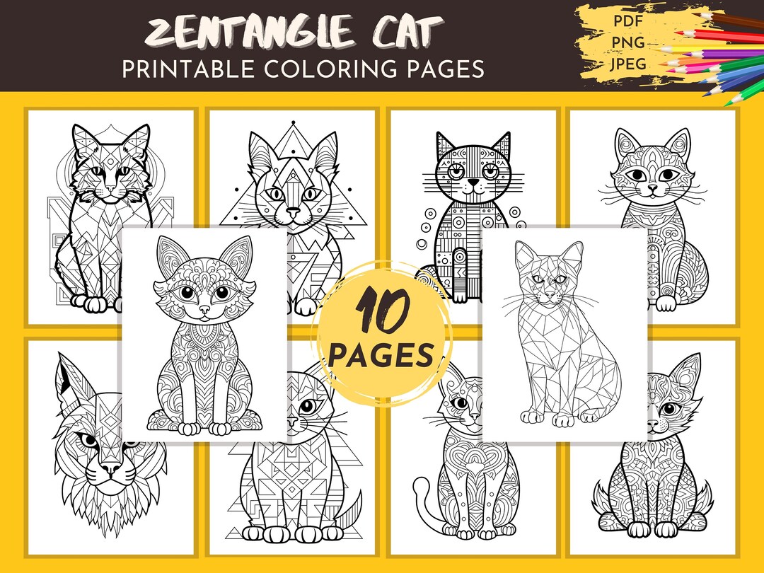 Zentangle Cat Coloring Pages, 10 Printable Pages for Relax & Stress ...