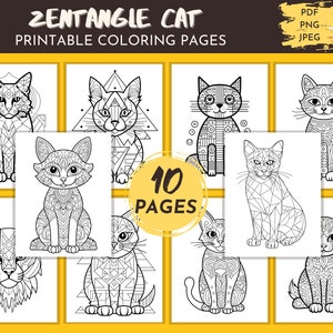 Zentangle Cat Coloring Pages, 10 Printable Pages for Relax & Stress ...