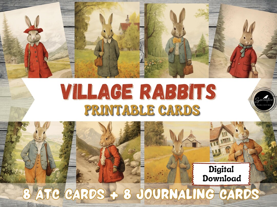 Village Rabbits Printable Digital Image Junk Journal ATC Cards, Bunny ...