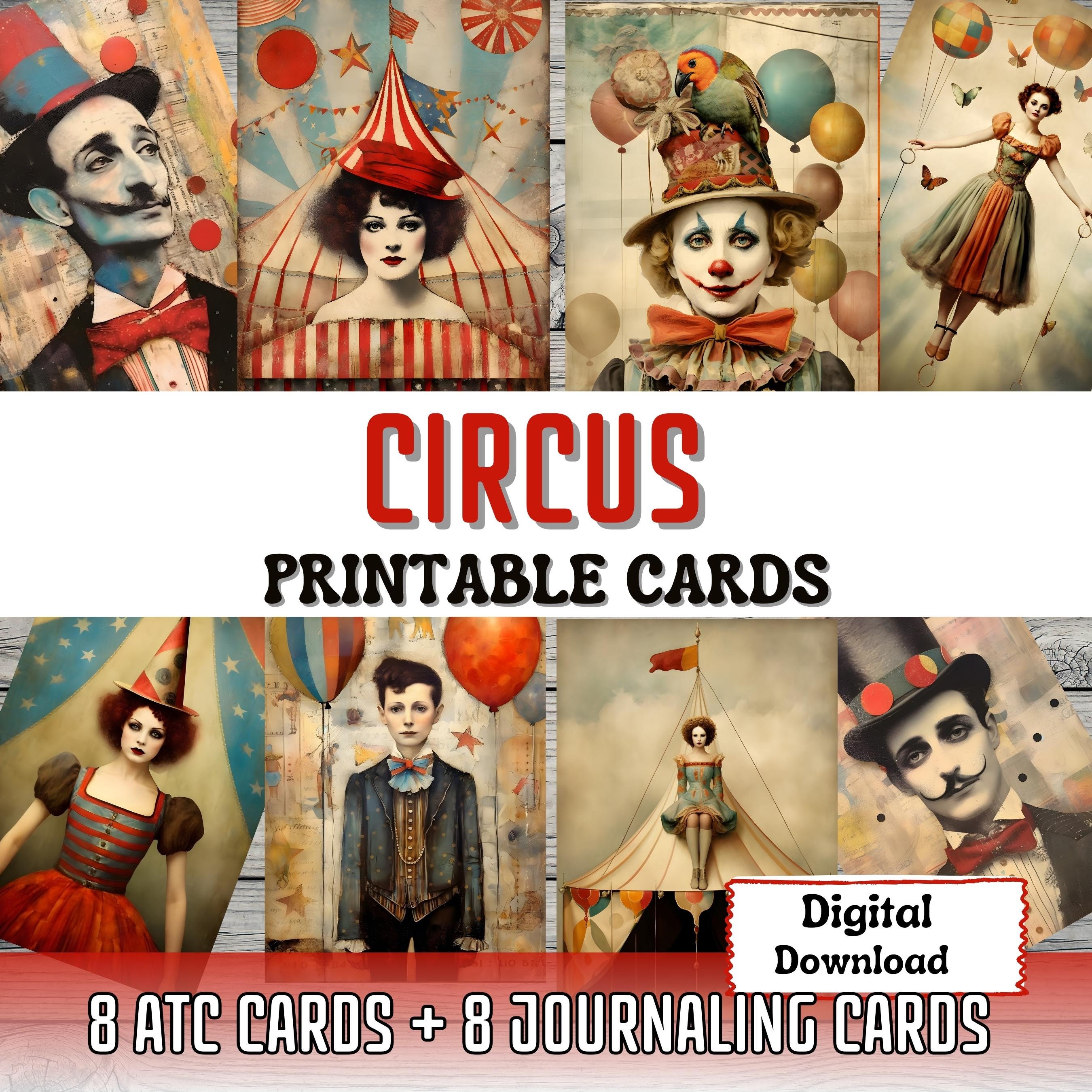 Circus Printable Junk Journal Cards ATC Card Making Surreal Collage ...