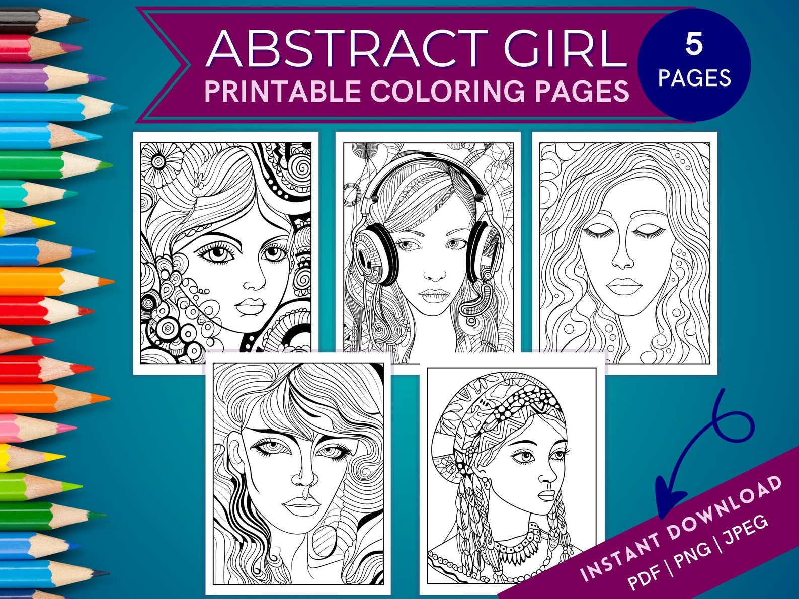 Abstract Girl Coloring Page, 5 Printable Coloring Pages, Abstract ...