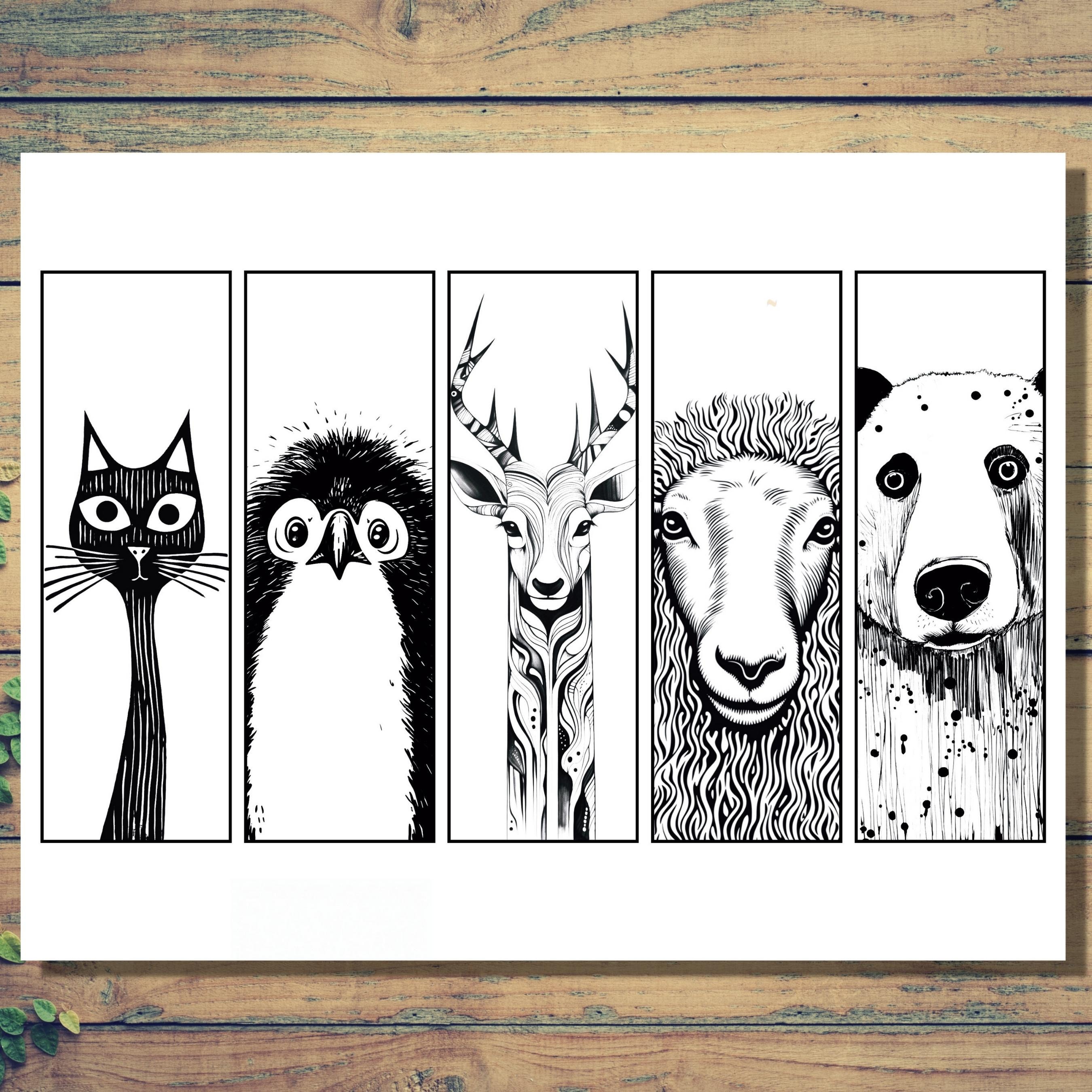 Black and White Animal Printable Bookmark Animals Illustration - Etsy