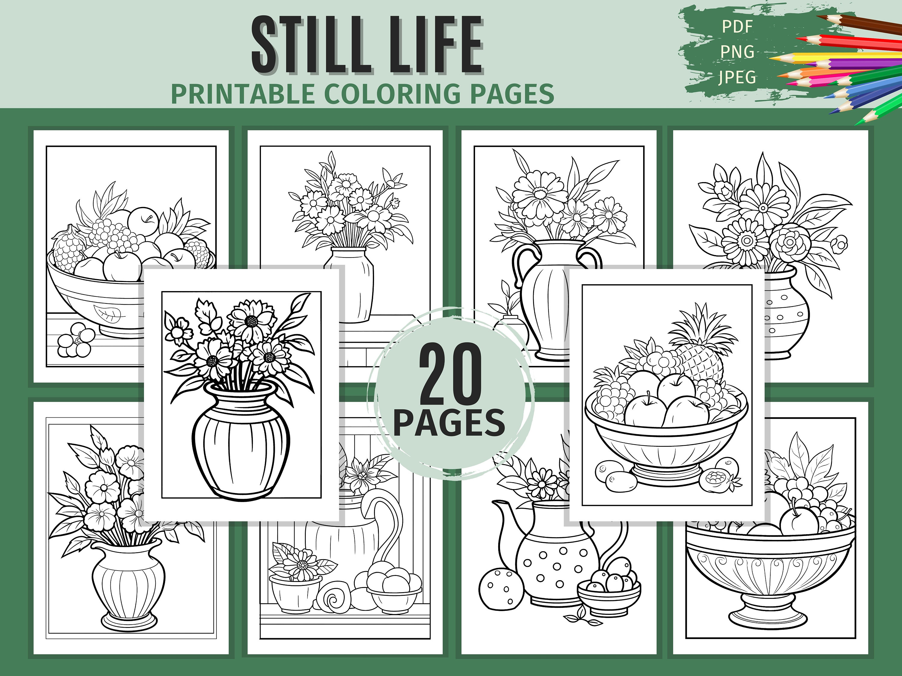 Still Life Coloring Pages Bowl of Fruit & Flowers, 20 Printable Pages ...