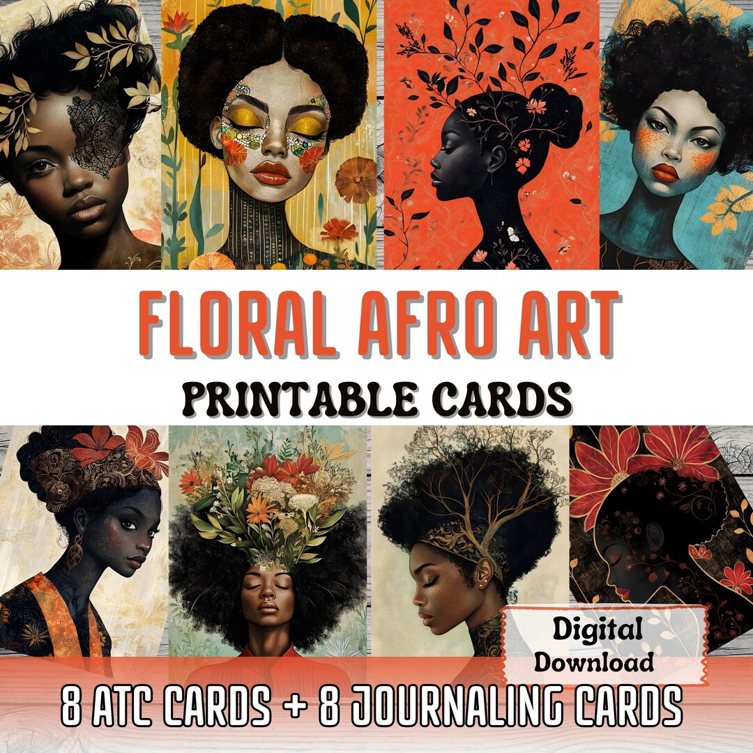 Floral Afro Art Printable Junk Journal Cards ATC Card Making Flower ...