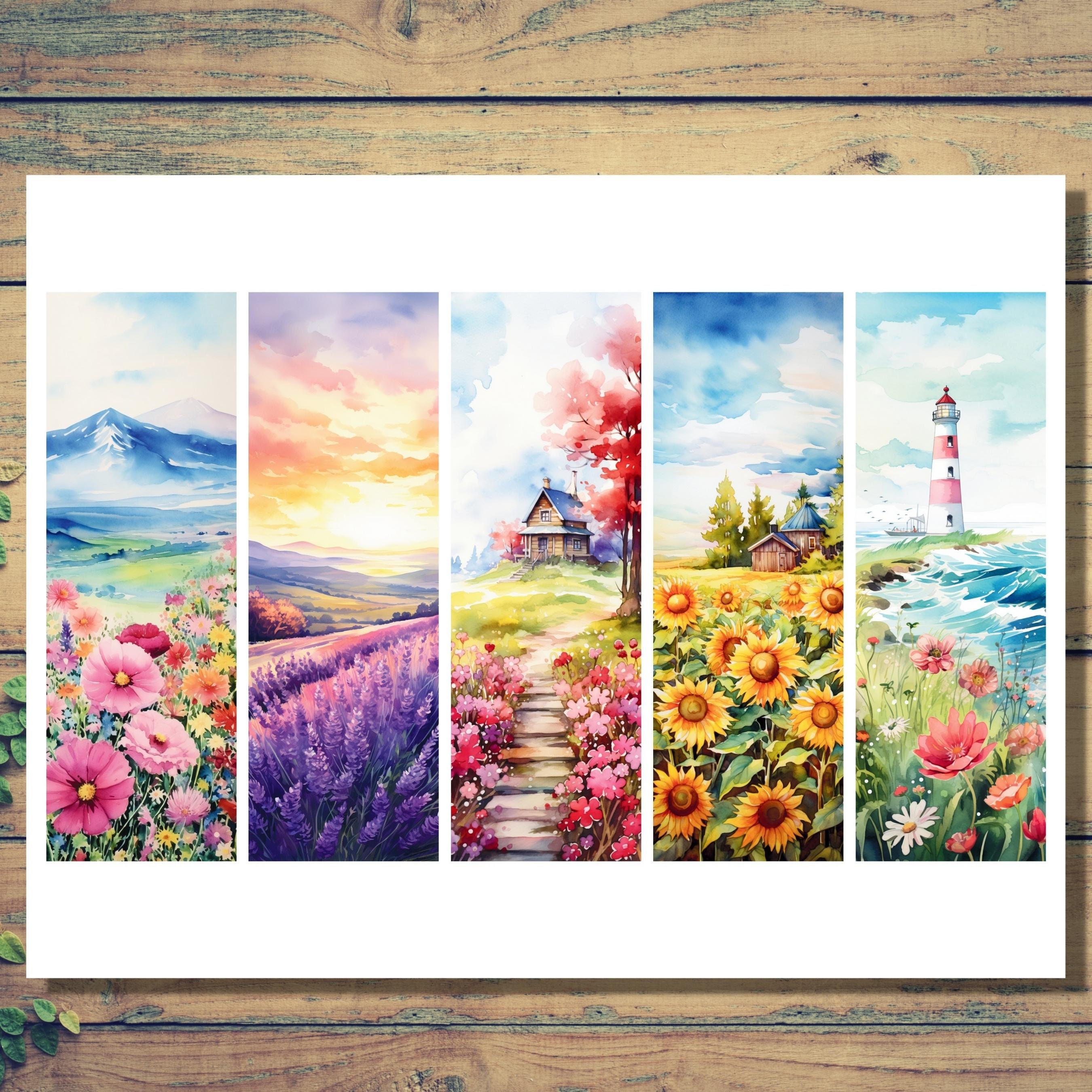 Flower Field Bookmark Printable Bookmarks Watercolor Landscape Bookmark ...