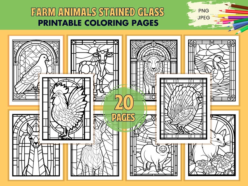 Farm Animal Stained Glass Pattern Coloring Page 20 Printable Pages JPEG ...
