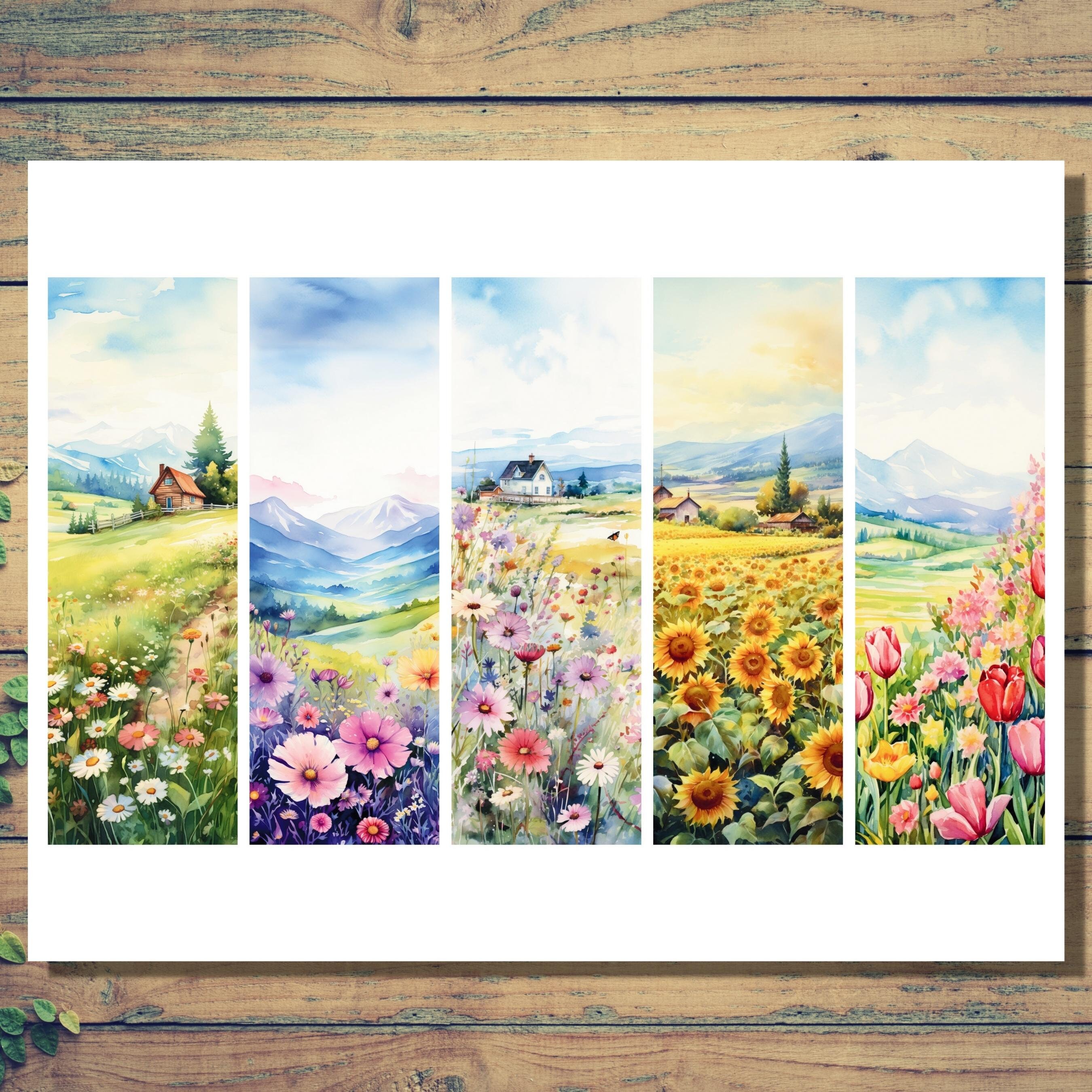 Flower Field Bookmark Printable Bookmarks Watercolor Landscape Bookmark ...