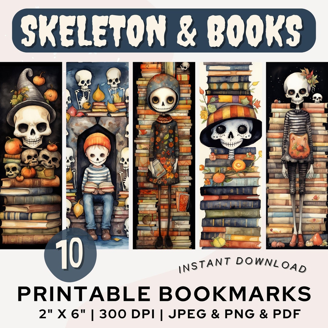 Watercolor Skeleton Books Skull Printable Bookmarks Scary Halloween ...