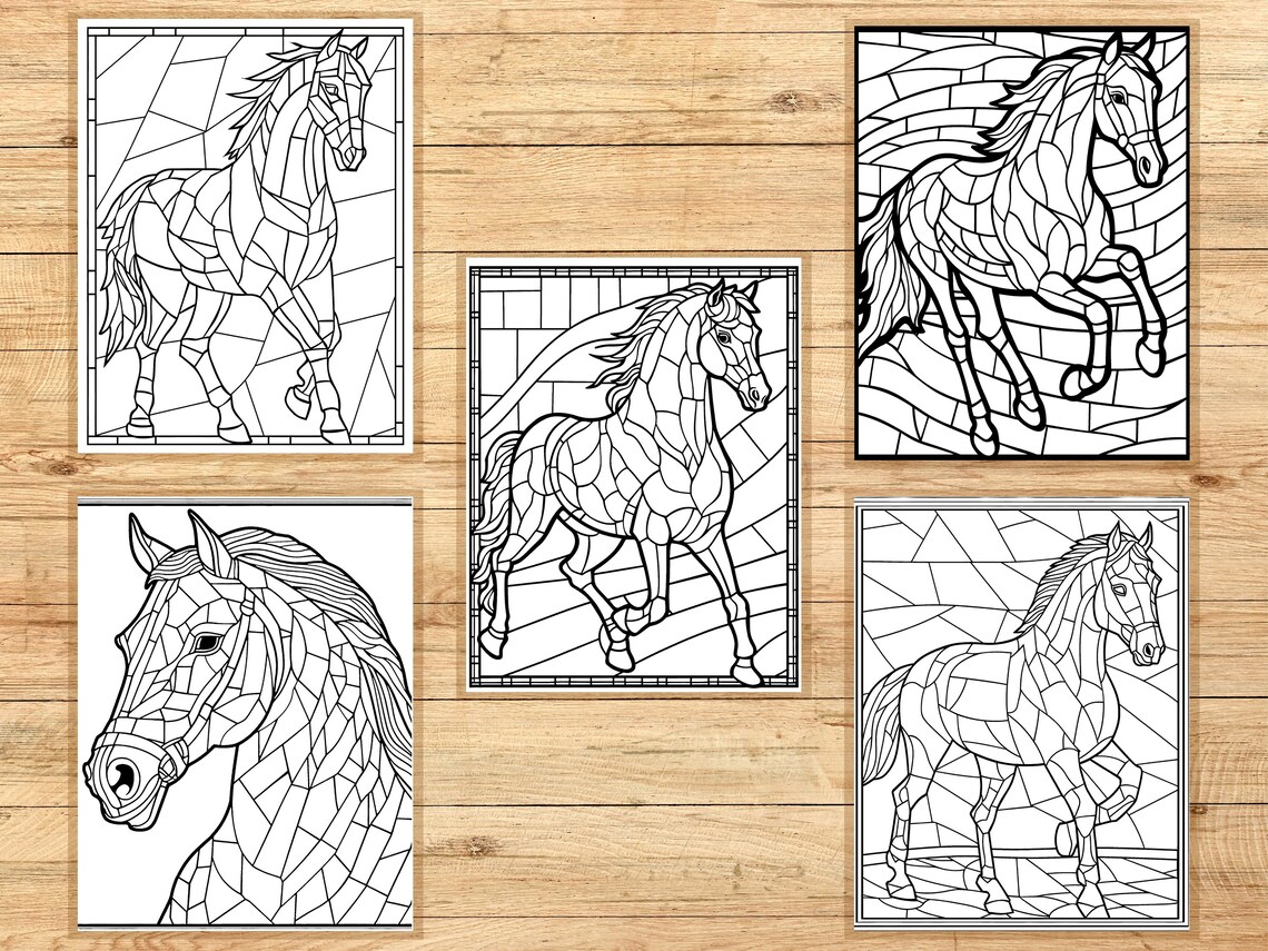 Stained Glass Horse Pattern Coloring Page, 15 Printable Pages, PDF ...