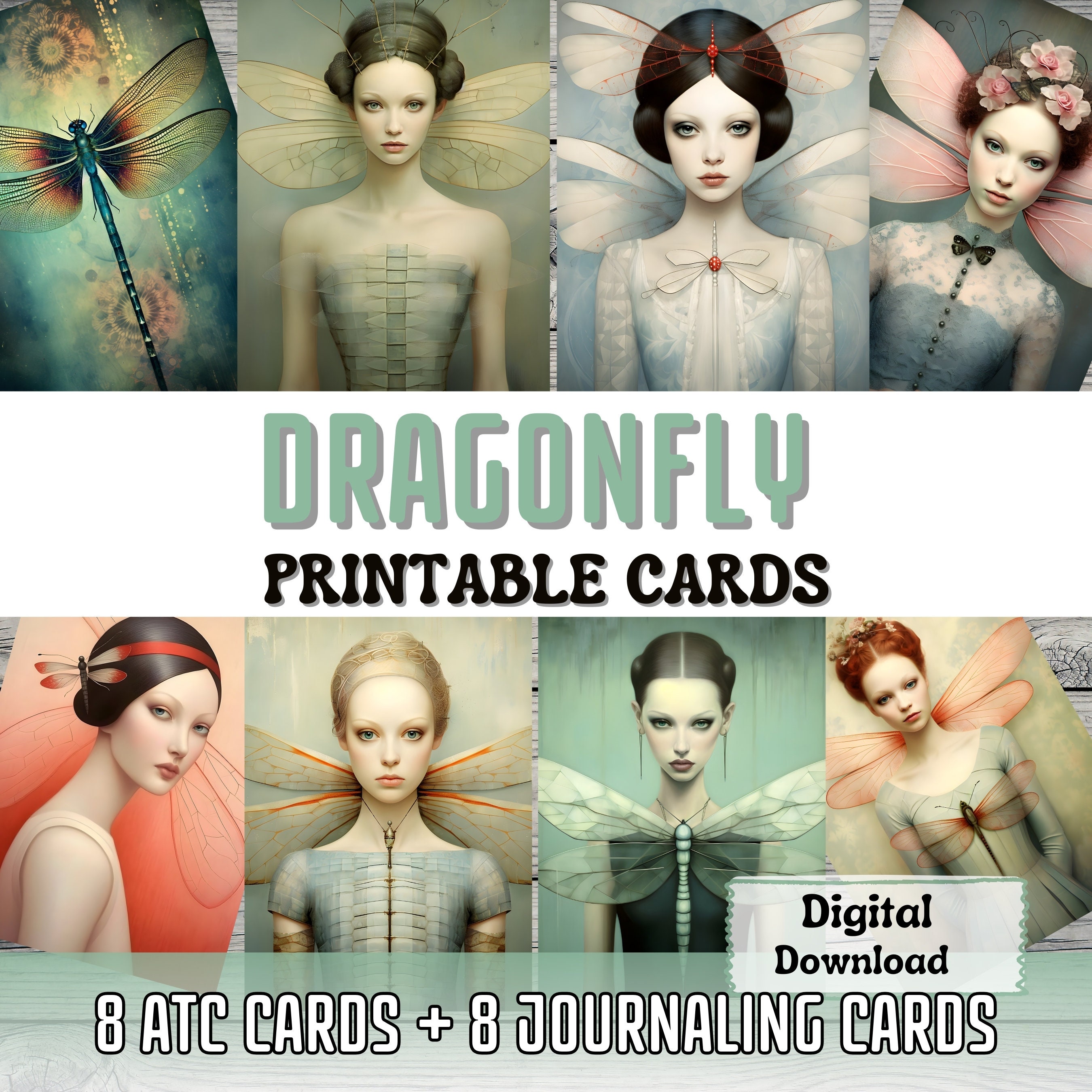 Dragonfly Printable Junk Journal Cards ATC Card Making Surreal Art Woman Portrait Dragonfly ...