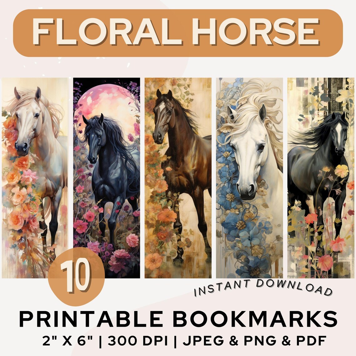 Floral Horse Printable Bookmarks Floral Artwork Horse Bookmark PNG PDF ...