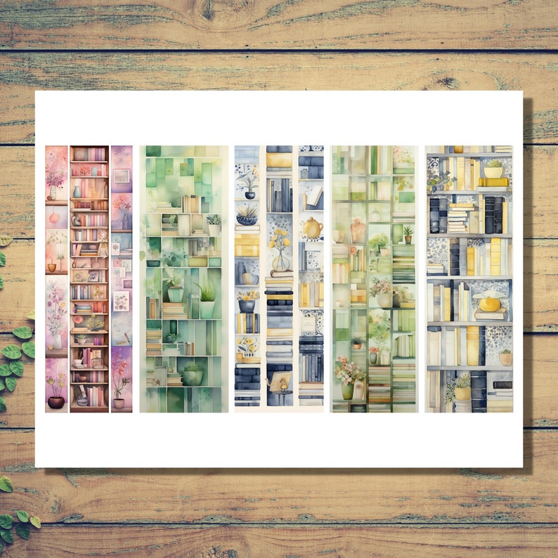 Watercolor Bookshelf Bookmark Printable Bookmarks Book Digital - Etsy