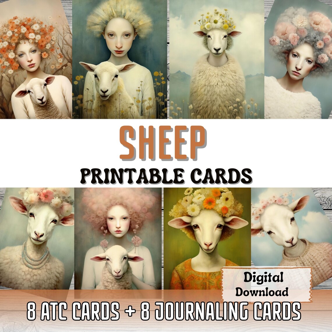 Sheep Printable Junk Journal Cards ATC Card Making Surreal Art Woman ...