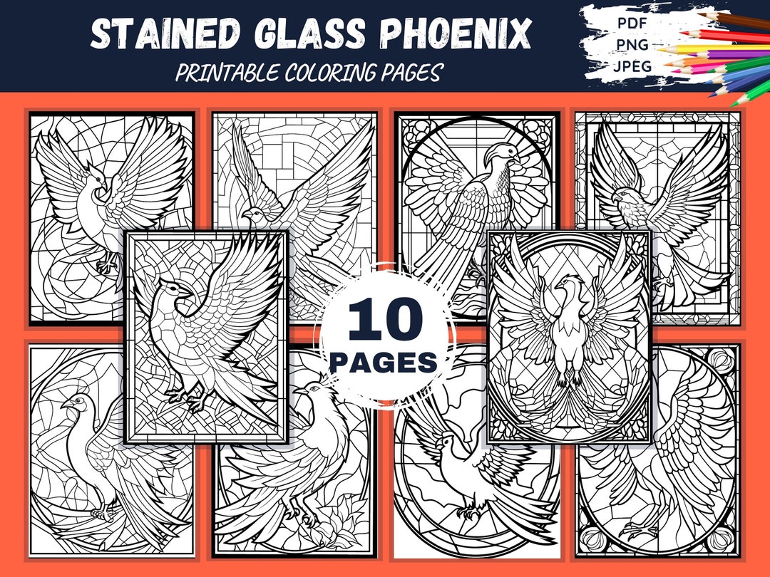 Stained Glass Phoenix Bird Pattern Coloring Page, 10 Printable Pages ...