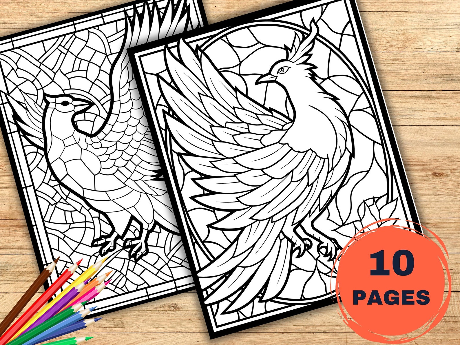 Stained Glass Phoenix Bird Pattern Coloring Page, 10 Printable Pages ...