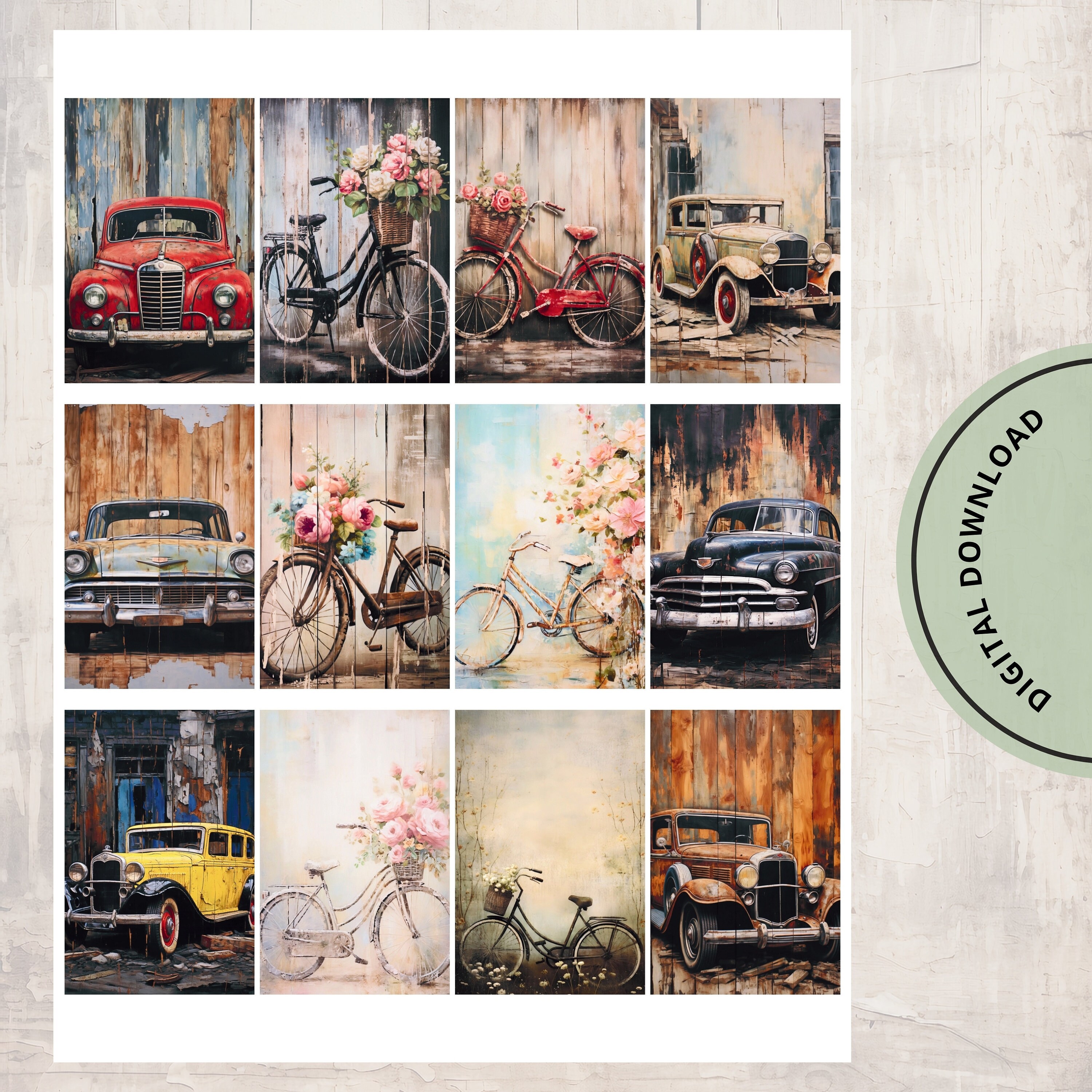 Old Bikes & Cars Half Papers Printable Pages Digital Ephemera ...