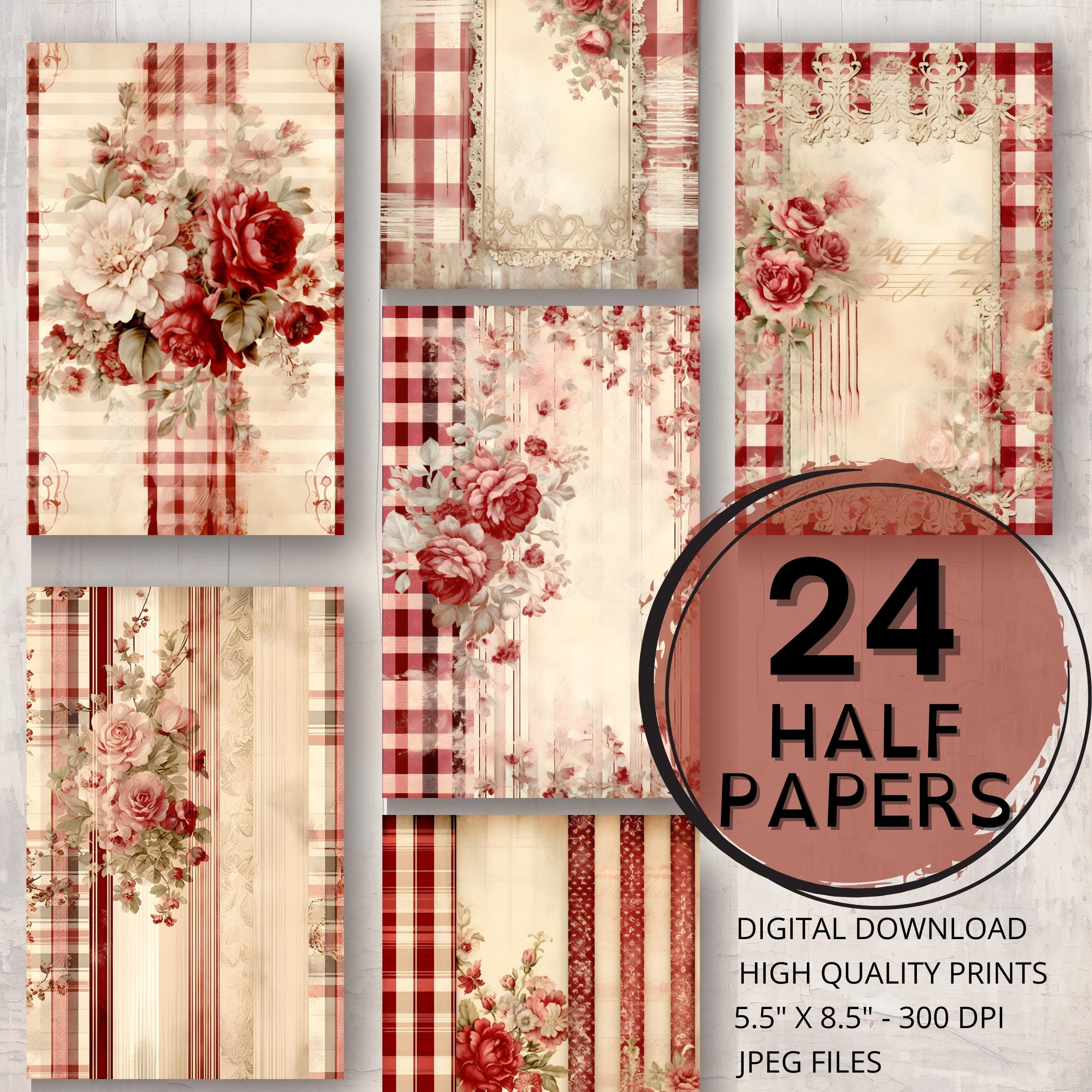 Red Journal Half Papers Floral Printable Page Digital Ephemera ...