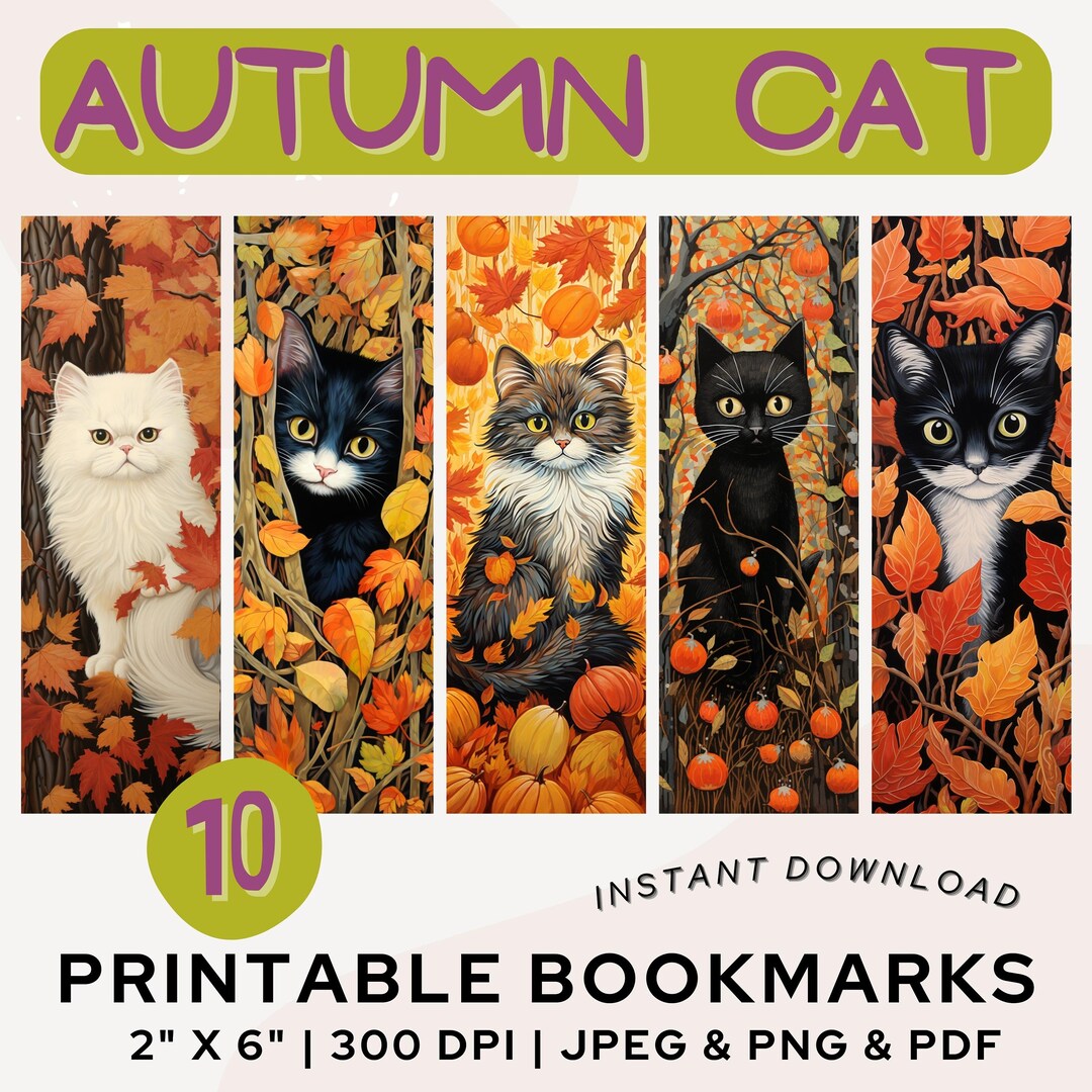 Autumn Cat Bookmark Printable Bookmarks Cute Fall Bookmarks October ...