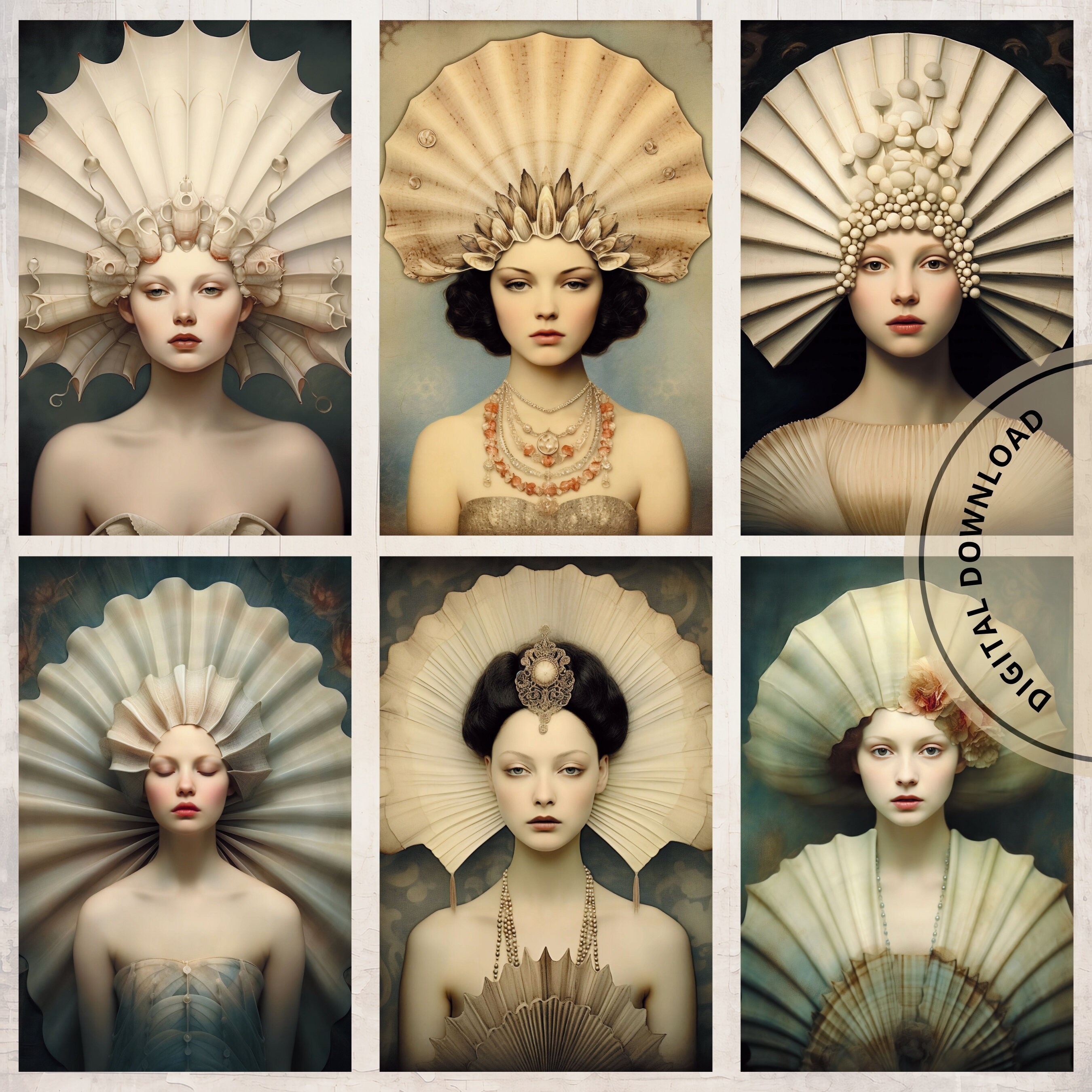 Sea Shells Journal Half Papers Printable Pages Surreal Art Woman ...
