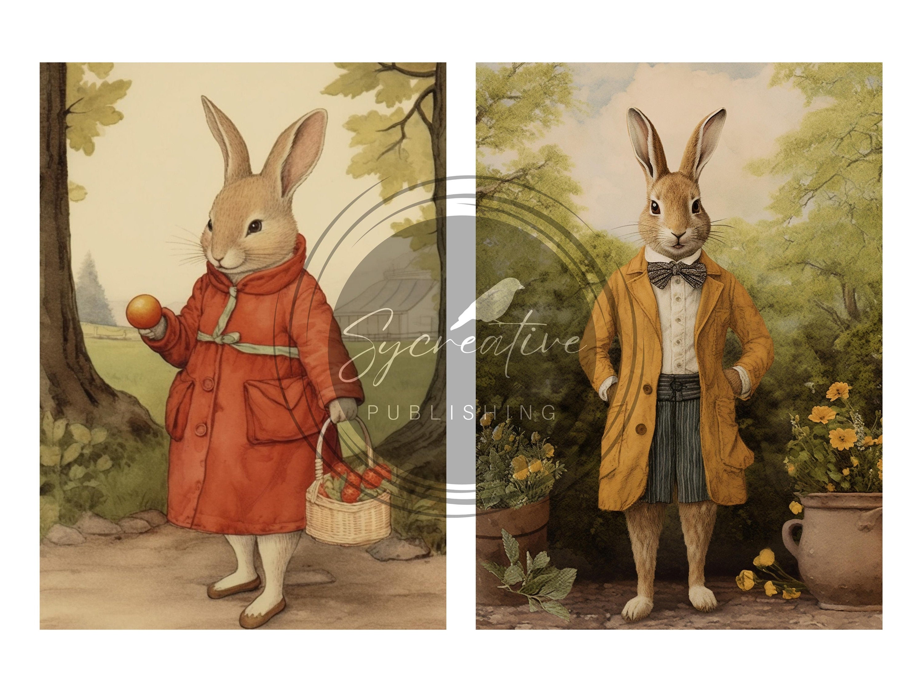 Vintage Rabbits Printable Digital Image Junk Journal ATC Cards, Dressed ...