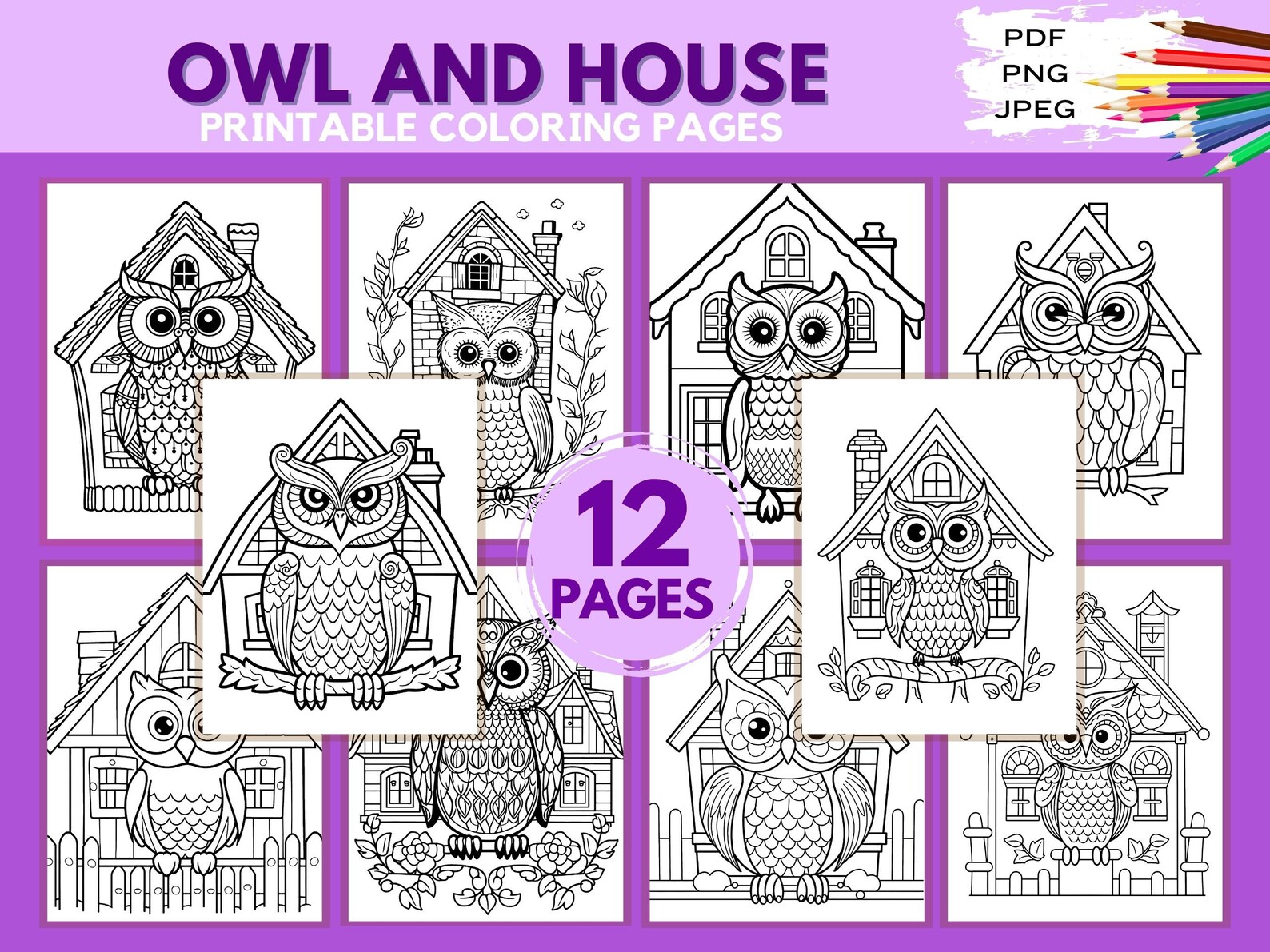 Owl and House Coloring Page, 12 Printable Coloring Pages for Kids and ...