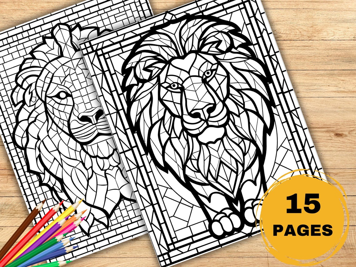 Stained Glass Lion Pattern Coloring Page, 15 Printable Pages, PDF, JPEG ...