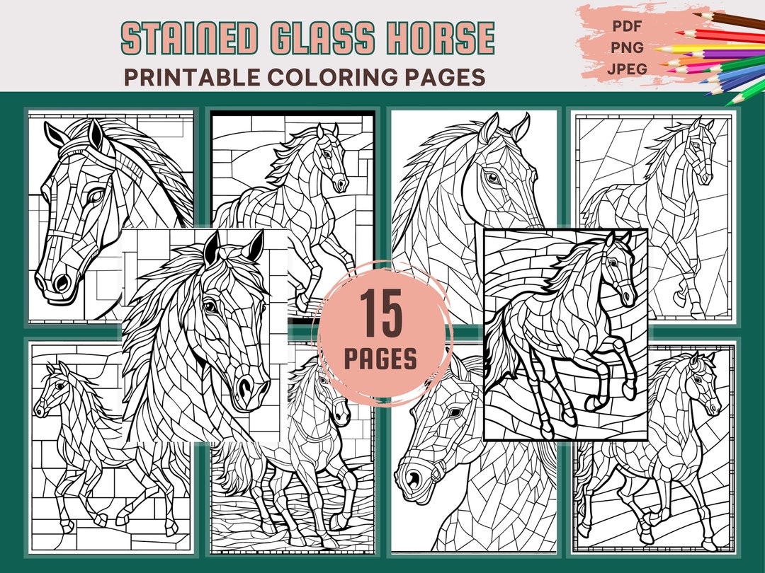 Stained Glass Horse Pattern Coloring Page, 15 Printable Pages, PDF ...