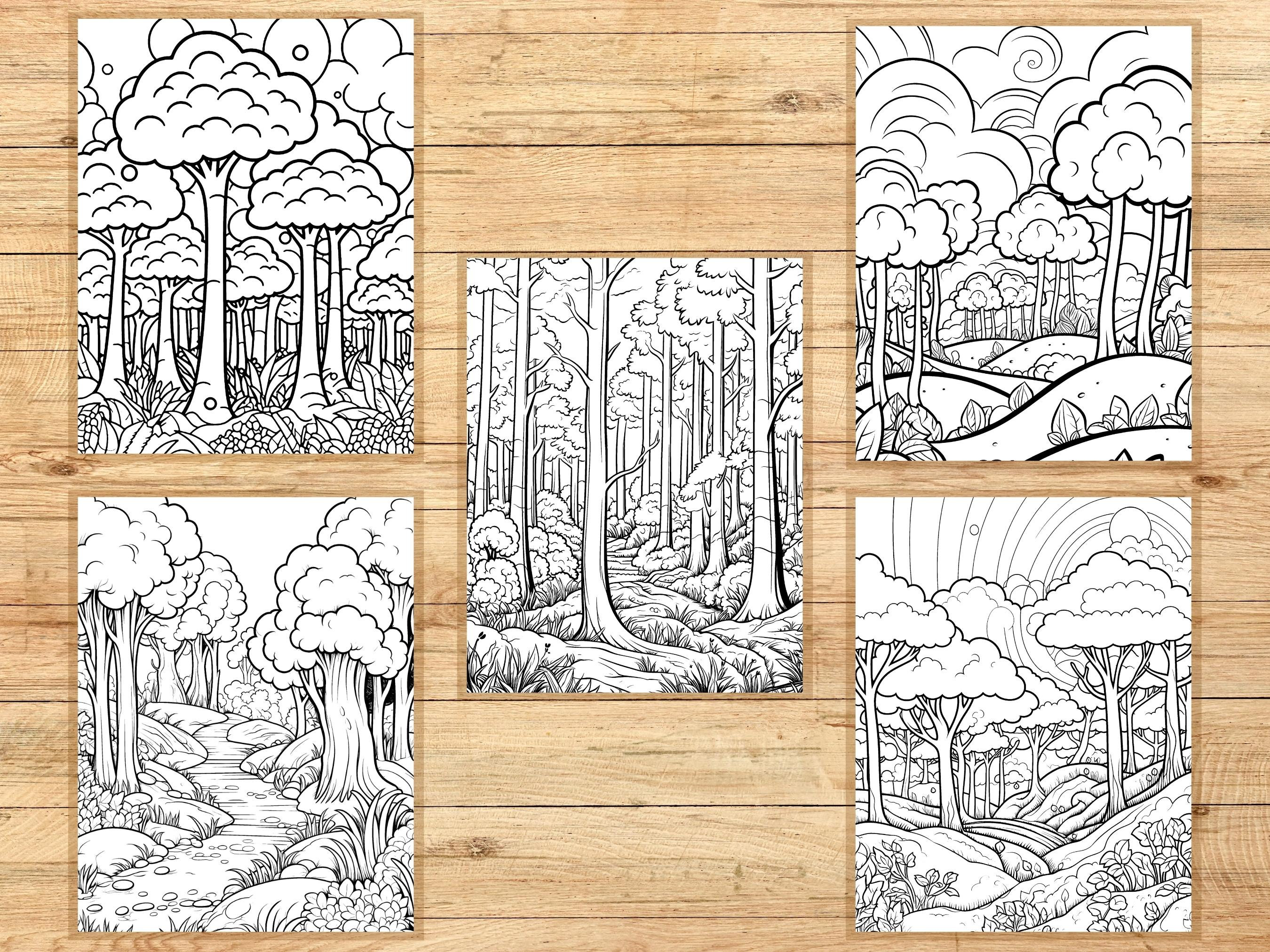 Tree Coloring Page, 15 Printable Coloring Pages, Forest Scenery Tree ...