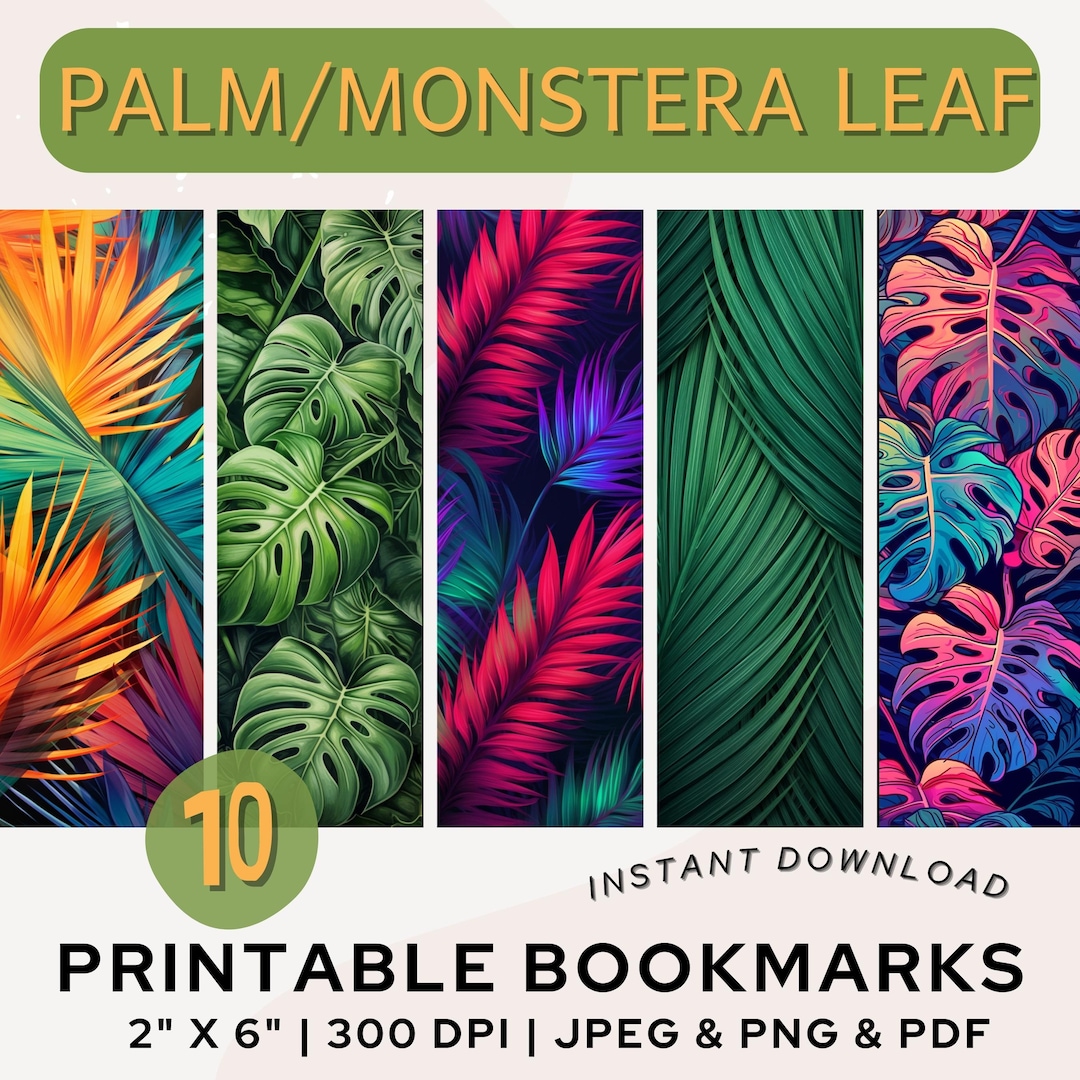 Palm & Monstera Leaf Bookmarks Printable Bookmark Colorful Leaves ...