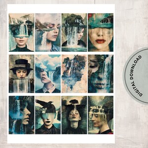 Waterfall Journal Half Papers Printable Pages Surreal Art Woman ...