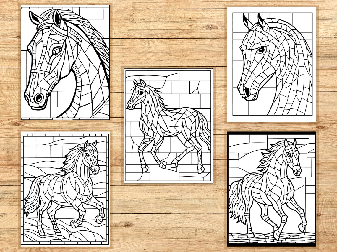 Stained Glass Horse Pattern Coloring Page, 15 Printable Pages, PDF ...