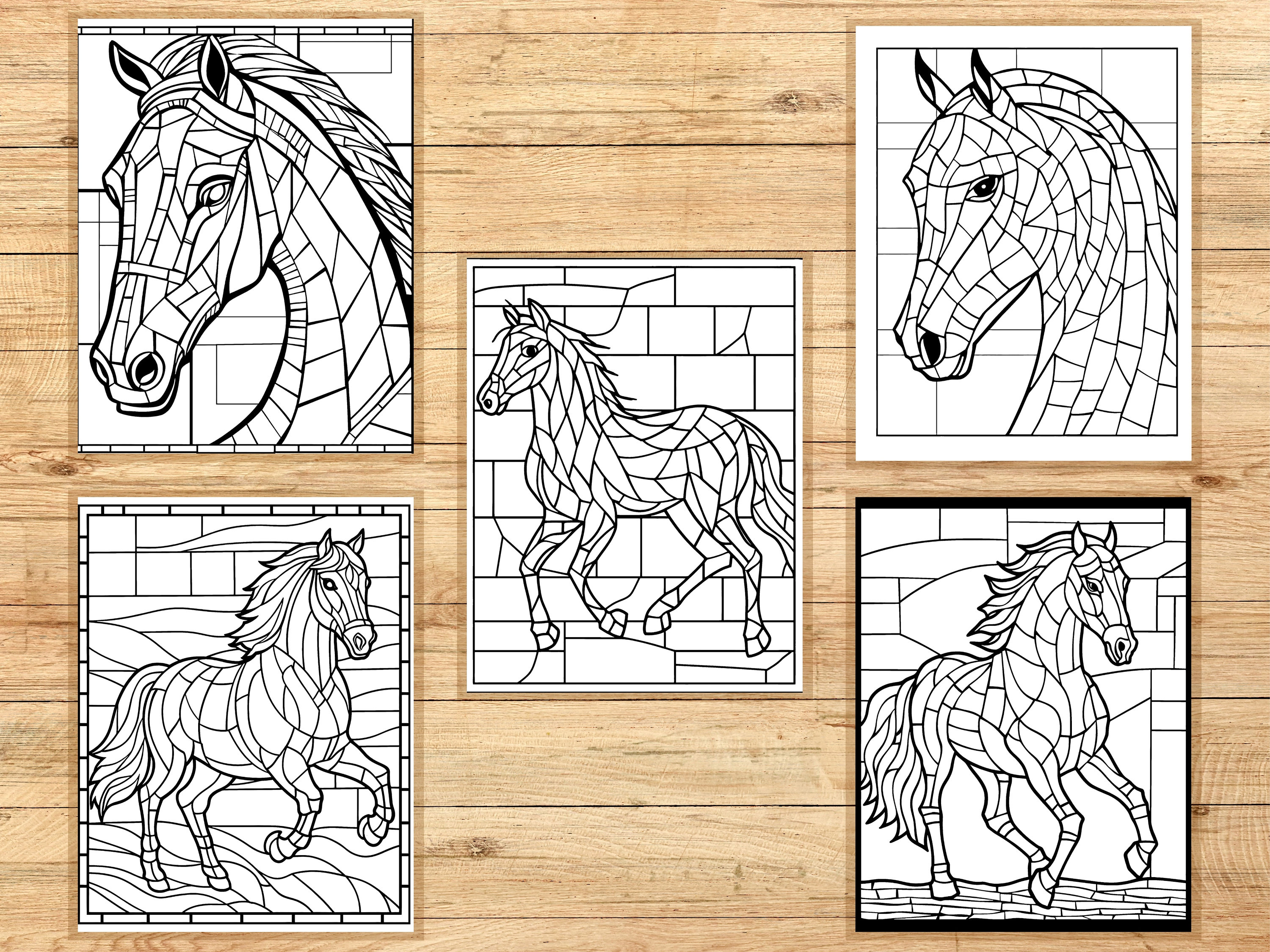 Stained Glass Horse Pattern Coloring Page, 15 Printable Pages, PDF ...