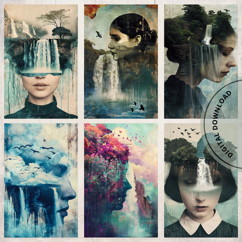 Waterfall Journal Half Papers Printable Pages Surreal Art Woman ...