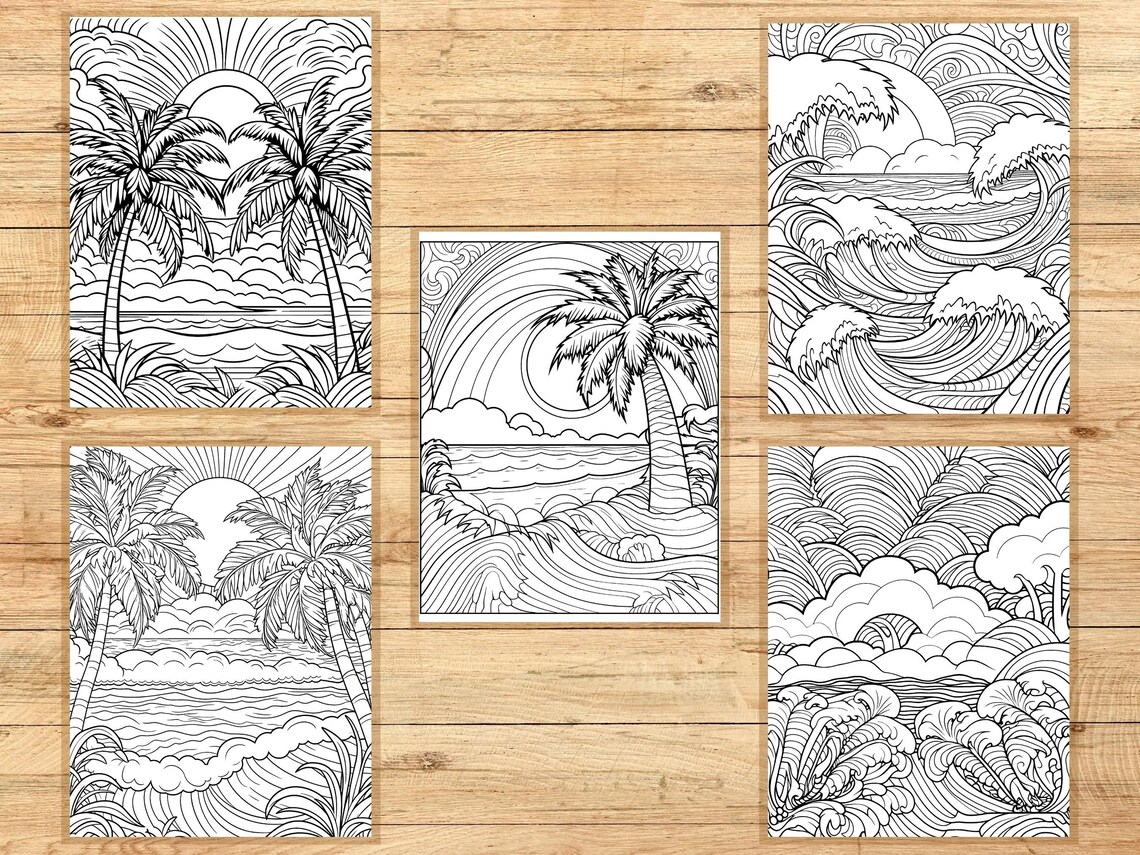 Ocean Waves Coloring Pages, 10 Printable Ocean Themed Pages, Beach ...