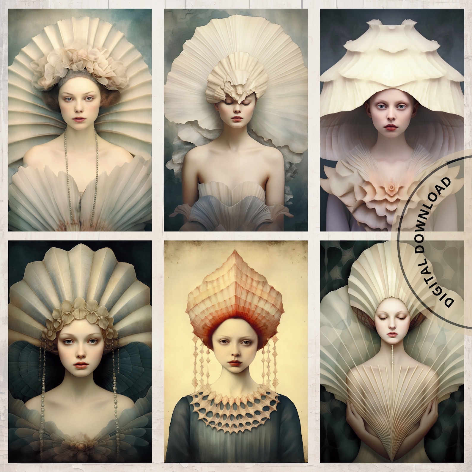 Sea Shells Journal Half Papers Printable Pages Surreal Art Woman ...