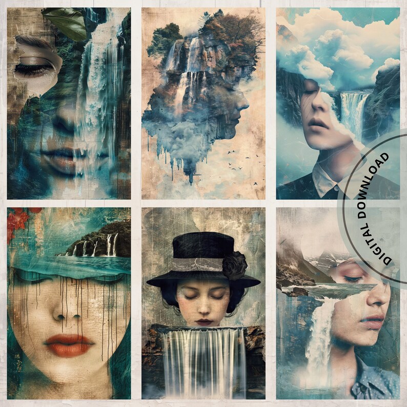 Waterfall Journal Half Papers Printable Pages Surreal Art Woman ...