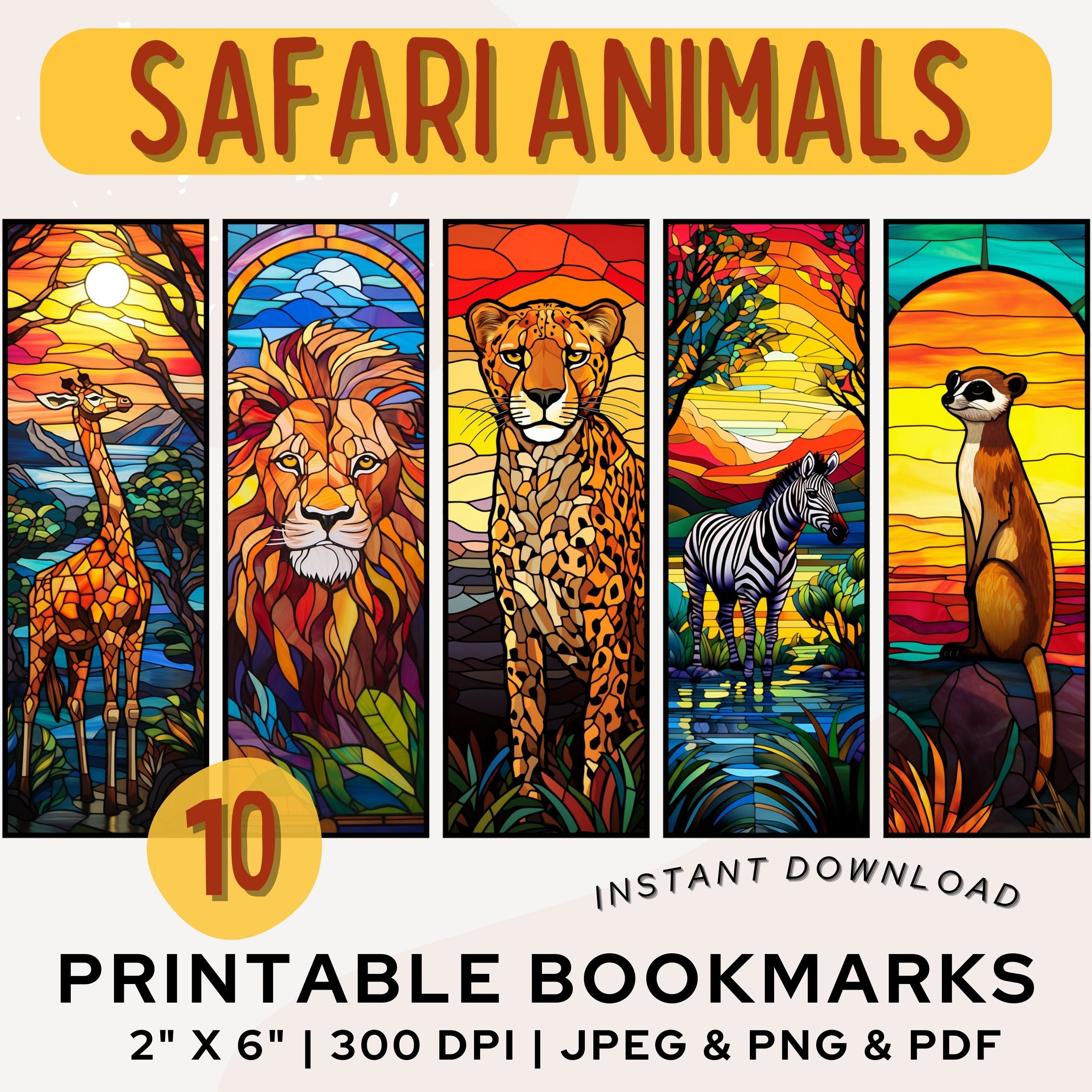 Safari Animal Bookmarks Printable Bookmark Colorful Stained Glass ...