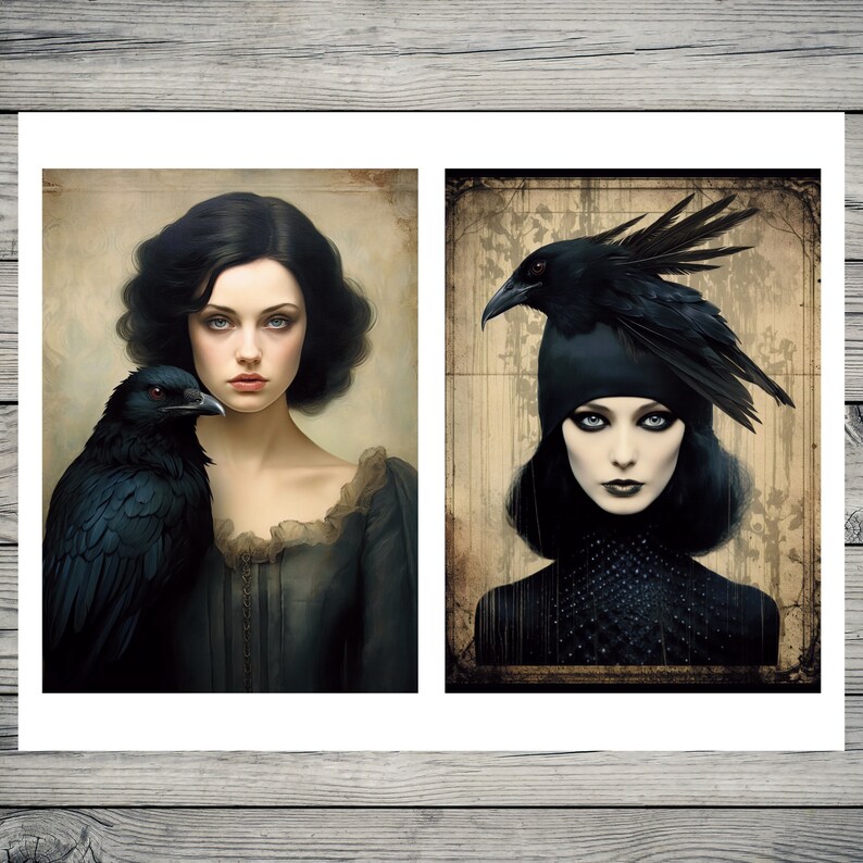 Raven Printable Junk Journal Cards ATC Card Making Surreal Art Woman ...