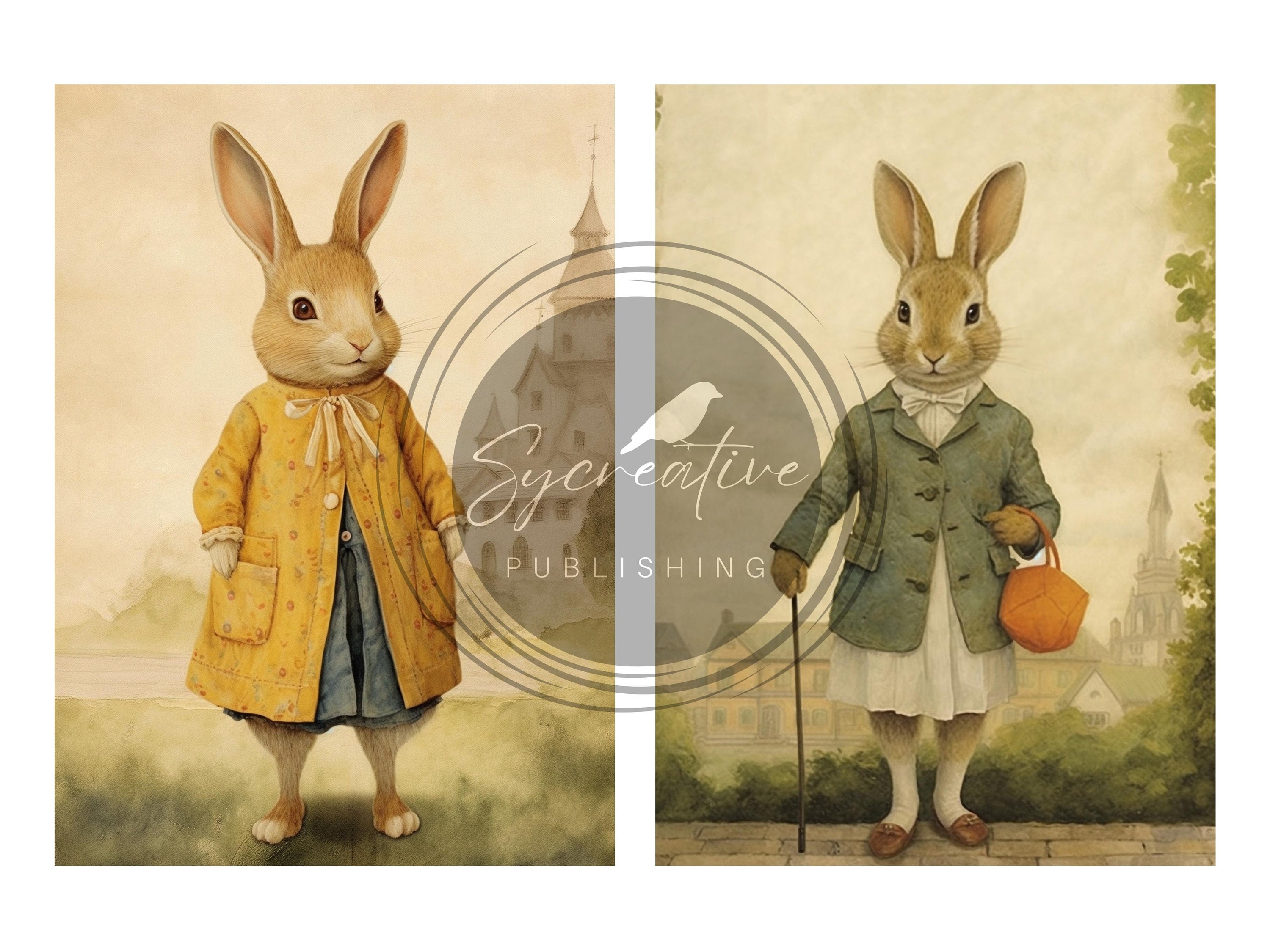 Vintage Rabbits Printable Digital Image Junk Journal ATC Cards, Dressed ...