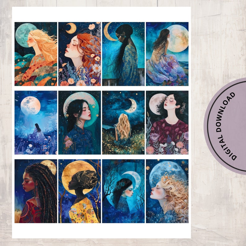 Moon & Girl Journal Half Papers Printable Pages Celestial Ephemera Moon ...