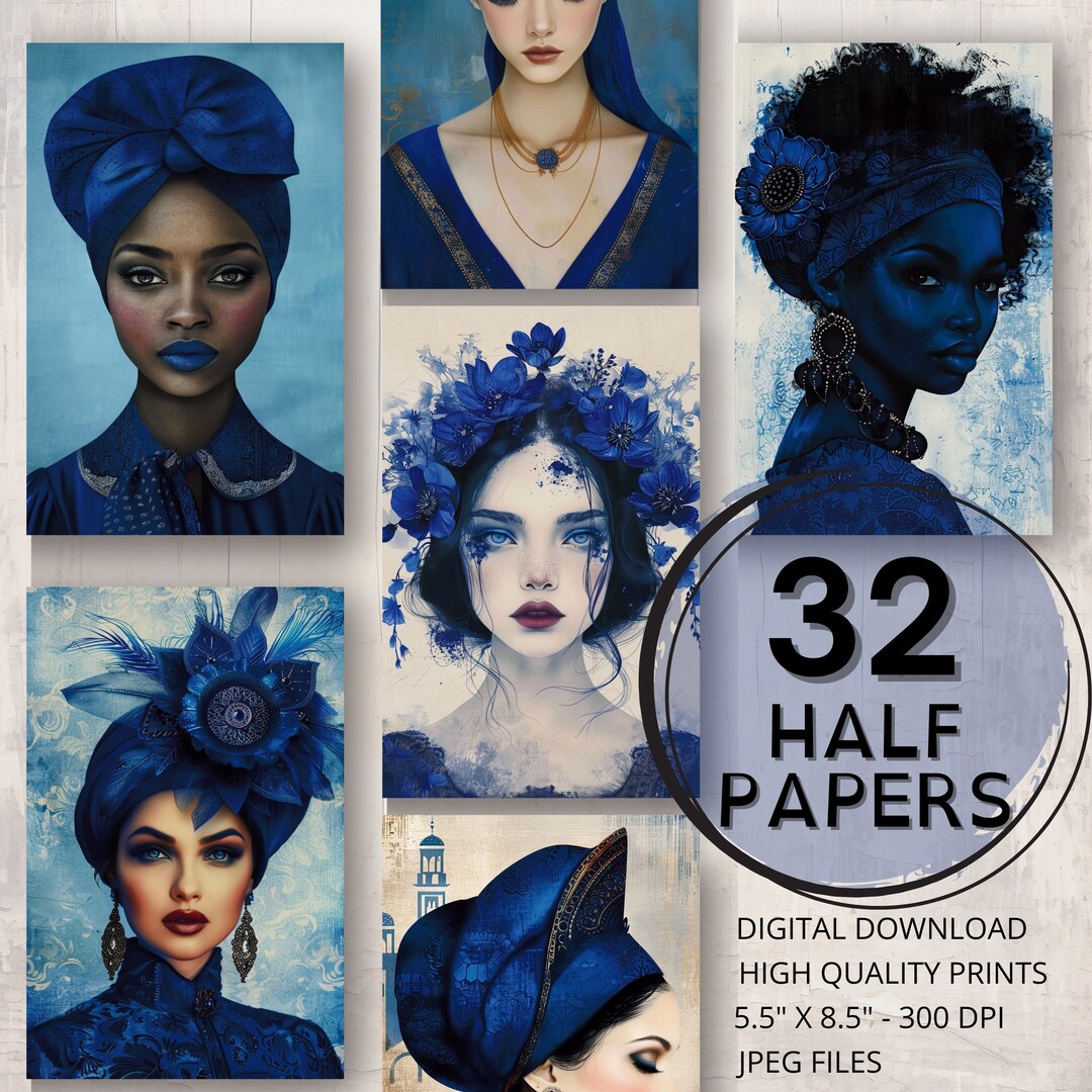 Royal Blue Journal Half Papers Printable Pages Woman Portrait ...