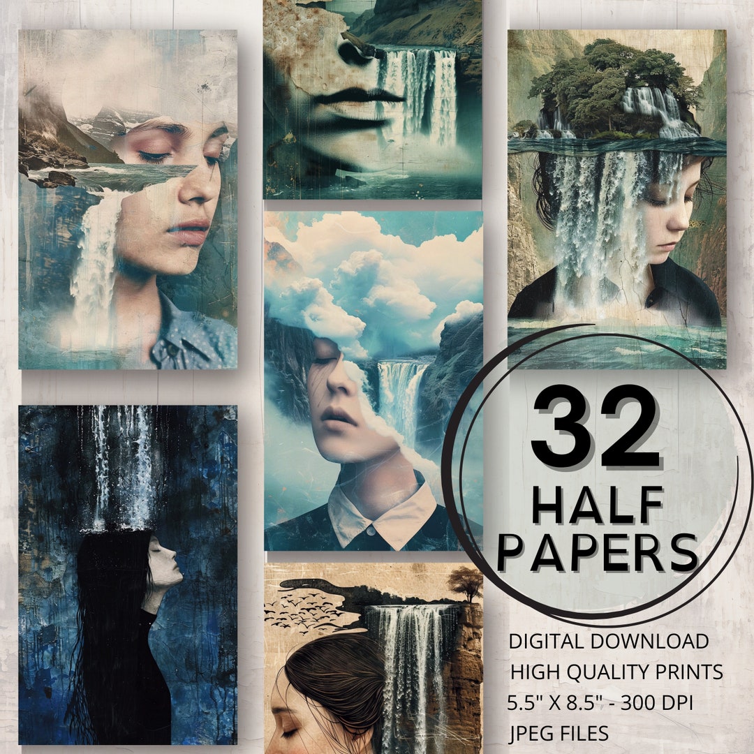Waterfall Journal Half Papers Printable Pages Surreal Art Woman ...