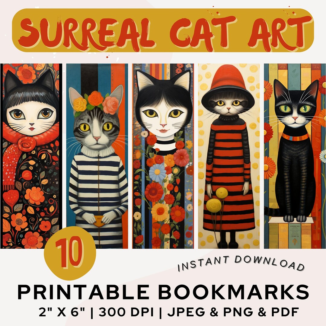 Surreal Cat Art Printable Bookmarks Cat Bookmark Book Digital Download ...