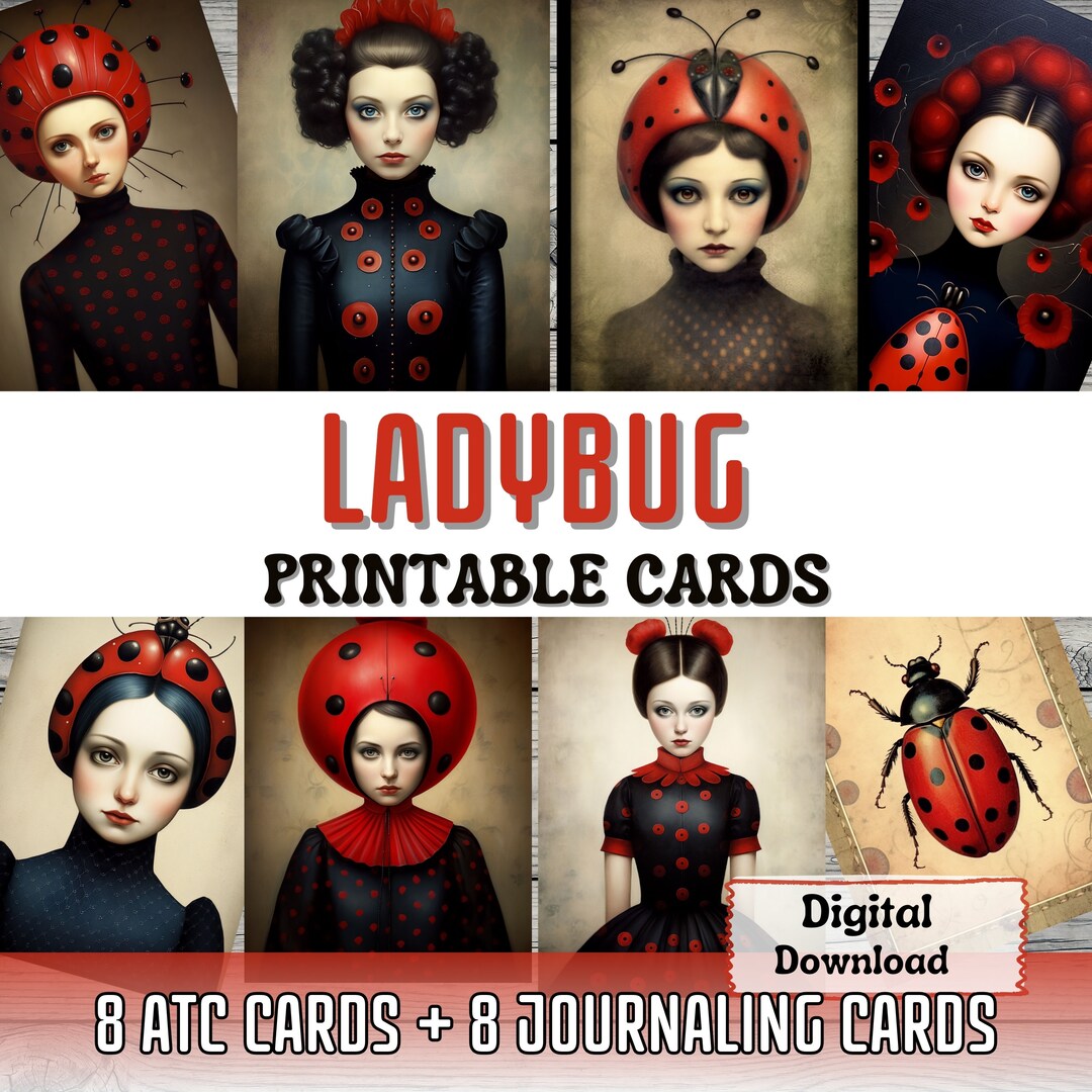 Ladybug Printable Junk Journal Cards ATC Card Making Surreal Art Woman ...