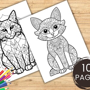 Zentangle Cat Coloring Pages, 10 Printable Pages for Relax & Stress ...