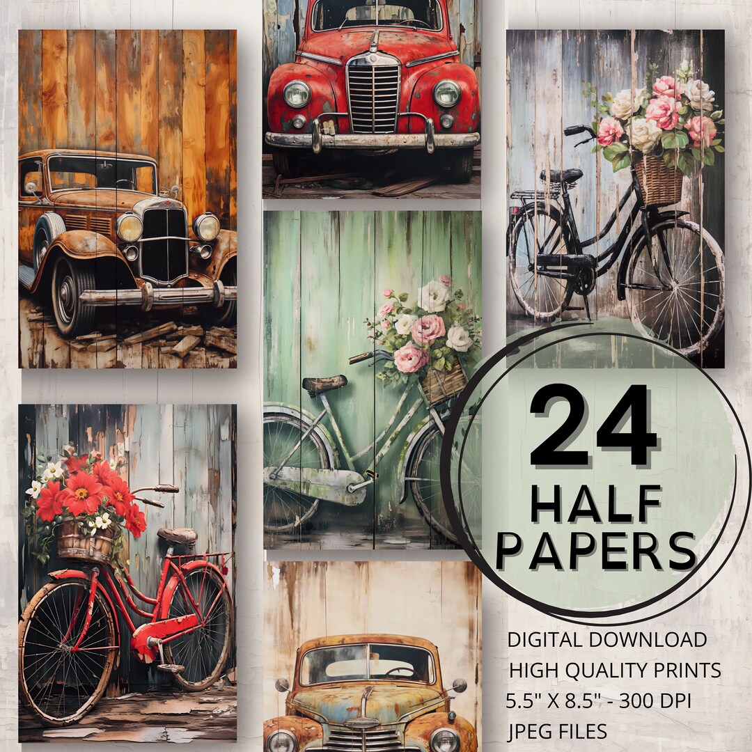 Old Bikes & Cars Half Papers Printable Pages Digital Ephemera ...